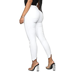 LONGYIDA Women's High Rise Ripped Skinny Jeans Stretch Slim Fit Distressed Destroyed Denim Ankle Pants(White,L)