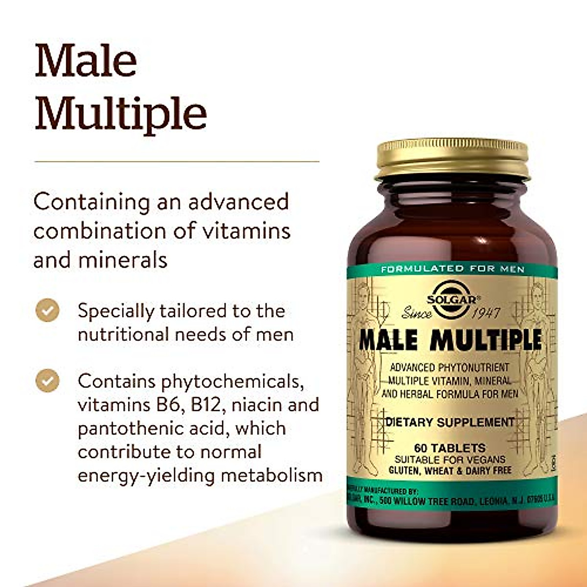 Solgar Male Multiple, 60 Tablets - Multivitamin, Mineral & Herbal Formula for Men - Advanced Phytonutrient - Vegan, Gluten Free, Dairy Free - 20 Servings