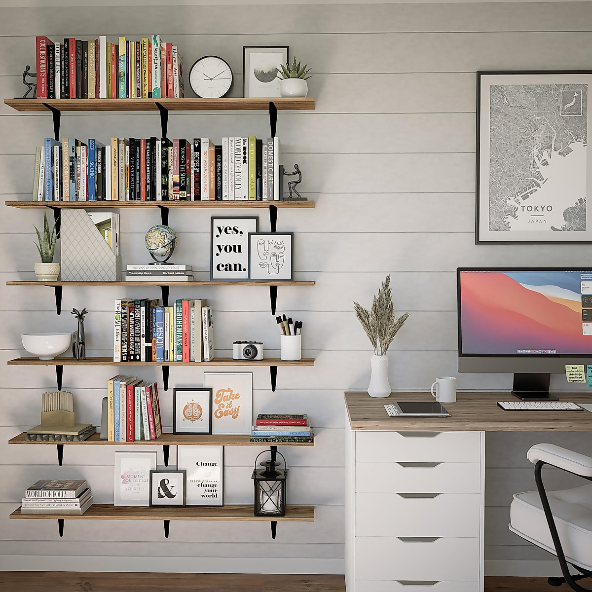 Wallniture Arras 48 inch Long Rustic Floating Shelves for Wall, Wall Bookshelf for Living Room, Floating Wall Shelf for Home Office, Bedroom, Pantry, Kitchen, Set of 6, Burnt, Wood