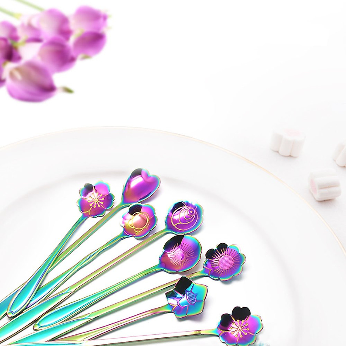 SelfTek 8Pcs Rainbow Flower Spoon Set, 2 Different Size Colorful Stainless Steel Reusable Teaspoons Coffee Sugar Stirring Spoon Dessert Cake Spoons Tea Scoops Table Spoon Mixing Spoon Ice Tea Spoon