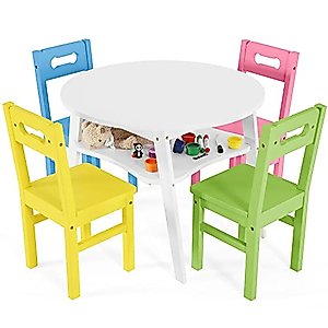 Bateso Kids Table and Chair Set, Toddler Wooden Round Table & 4 Chairs Set​ with Large Storage Space, 5-Piece Children Furniture Set for Home, Daycare, Playroom, Kindergarten