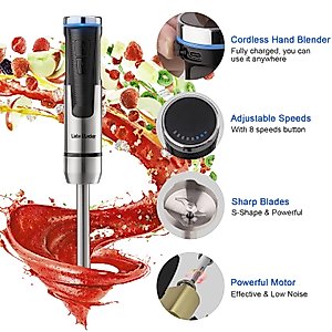 Liebe&Lecker Cordless Hand Blender, Immersion Blender Handheld USB Rechargeable 8 Variable Speeds with Whisk, Milk Frother Attachments, Portable Stick Blender for Milkshakes, Smoothies & Soups.