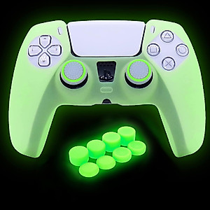 HLRAO Green Anti-Slip Glow in The Dark Protective Silicone Cover Skin Grips Compatible with PS5 Controller,8 PCS Thumb Grips Caps and 2 Grips Caps Glow in The Dark.