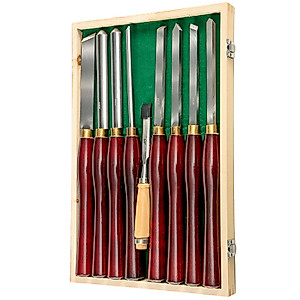 Mophorn Woodworking Lathe Chisel Set 8 Piece Set Lathe Chisel HSS Steel Blades Wood Turning Tools Wooden Case for Storage for Wood Carving Root Carving Furniture Carving Lathes Red