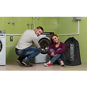 Washable Drawstring Laundry Bags 2 Pack Extra Large Heavy Duty College Dorm Dirty Laundry Clothes Travel Bag and Gym Clothes Bag for Guys and Girls (Black "Laundry")