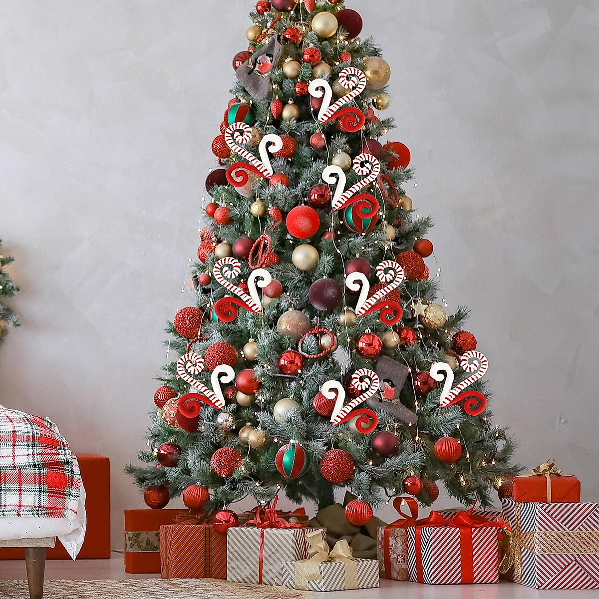 ZHANYIGY 6PC Set Red/White Christmas Tree Decorations Picks Christmas Tree Woolen Candy Curly Pick, Christmas Tree Decorations Home Office Vase Party Ornaments (RED)