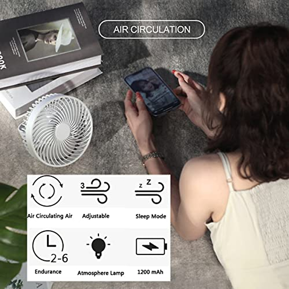 HAIDOLIANG Personal Desk Fans,7 Inch Table Fans,USB Rechargeable Portable Fan with LED Lights,3 Speeds Quiet Battery Operated, Baby Stroller Cooling Fans,Ceiling Mini Fan For Travel Camping Bedroom