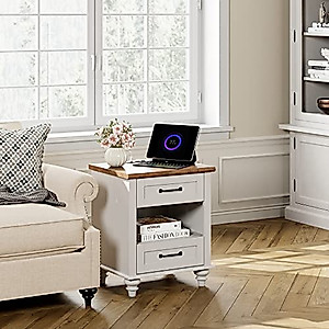 WAMPAT 2 Piece Dresser and Nightstand Sets, White Dresser & Chests of Drawers with 6 Drawers, Mid-Century Modern End Table with Charging Station and Solid Wood Legs, 2 Piece Bedroom Set