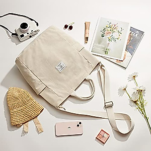 KALIDI Corduroy Tote Bag, Large Zipper Messenger Bag Shoulder Hobo Crossbody Bag Casual Work Colledge Shopping Women Beige