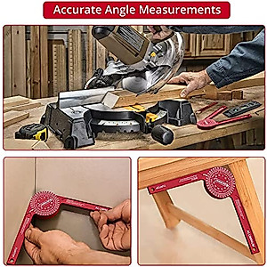 Miter Saw Protractor, XUNTOP 7-Inch Aluminum Miter Protractor with Mini Level Gauge Rust Proof Angle Finder Featuring Precision Laser Engraved Scales for Carpentry, Crown Molding, Baseboard, DIY-Red