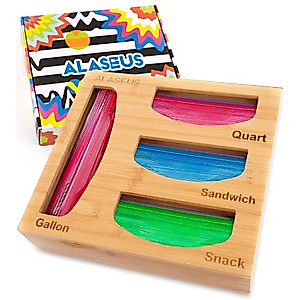 Bamboo Ziplock Organizer - Storage Bag Kitchen Organizer - Ziplock Storage Organizer - Food Storage Bag Dispenser - 40 Ziplock Bags Included