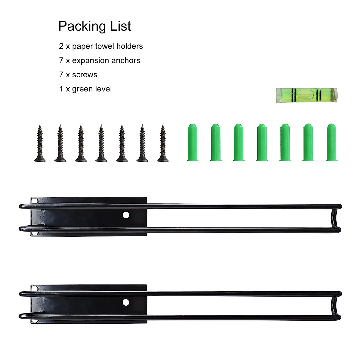 2 Pack Paper Towel Holder Under Cabinet, Black Wall Mount Metal Paper Towel Rack Fits Standard Size Paper Rolls for Kitchen, Bathroom, Garage