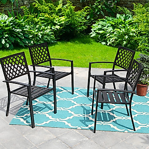 PHI VILLA 4 Pcs Patio Metal Outdoor Dining Chairs, Set of 4 Stackable Black Patio Chairs with Armrest, Indoor/Outdoor Portable Wrought Iron Chairs for Garden, Yard, Support 300 lbs