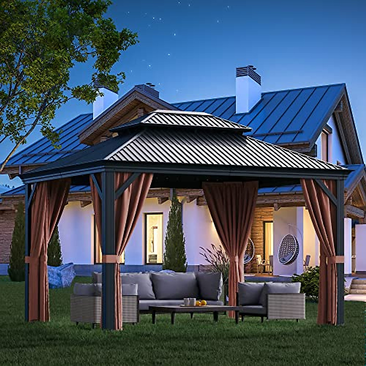 Greesum 10'x12' Hardtop Metal Gazebo, Outdoor Galvanized Steel Double Roof Canopy, Aluminum Frame Permanent Pavilion with Netting and Curtains for Patio, Backyard, Deck and Lawns