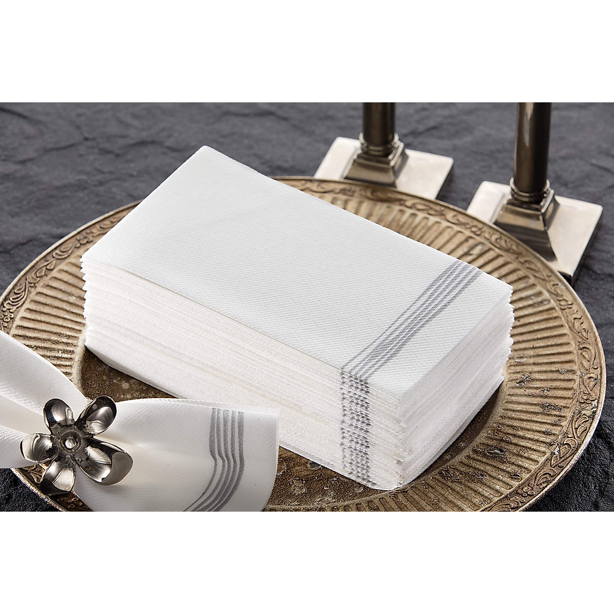 Disposable Hand Towels | Decorative Dinner Napkins | Soft, Absorbent Disposable Paper Guest Towels for Kitchen, Bathroom, Parties, Weddings, Dinners Or Events White and Silver Napkins 100 Pack
