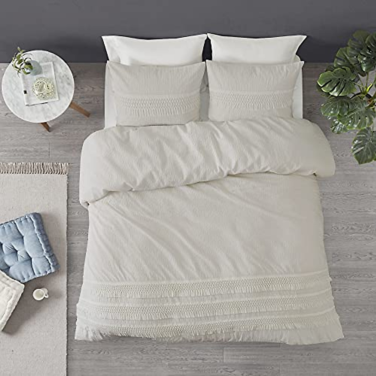 Madison Park Amaya 100% Cotton Duvet Set - Seersucker Design with Tassel Trims Accent, Breathable Cover for Comforter, All Season Bedding with Matching Sham, Full/Queen(90"x90") Ivory 3 Piece