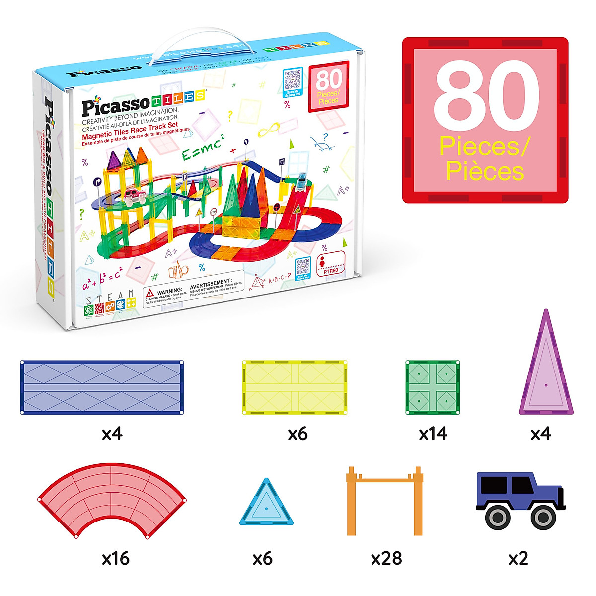 PicassoTiles 80 Piece Race Car Track Building Block Educational Toy Set Magnetic Tiles Magnet DIY Playset 2 Light Up Car STEM Learning Construction Kit Hand-Eye Coordination Fine Motor Skill Training