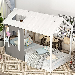 Twin Size Montessori Bed Frame, Twin Size House Floor Bed Frame with Headboard, Roof and Window, Wood Montessori Floor Bed for Kids, Twin Size Bed Frame Grey Antique White