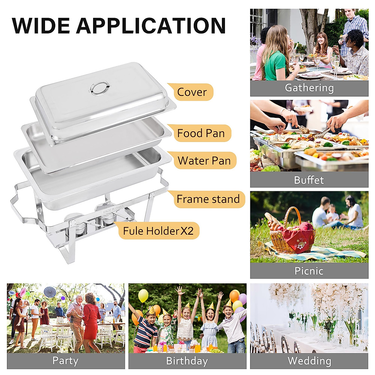 ZENY 6 Packs Chafing Dish Buffet Set, 8 Quart Stainless Steel Buffet Servers and Warmers for Party Catering, Complete Chafer Set with Water Pan, Chafing Fuel Holder