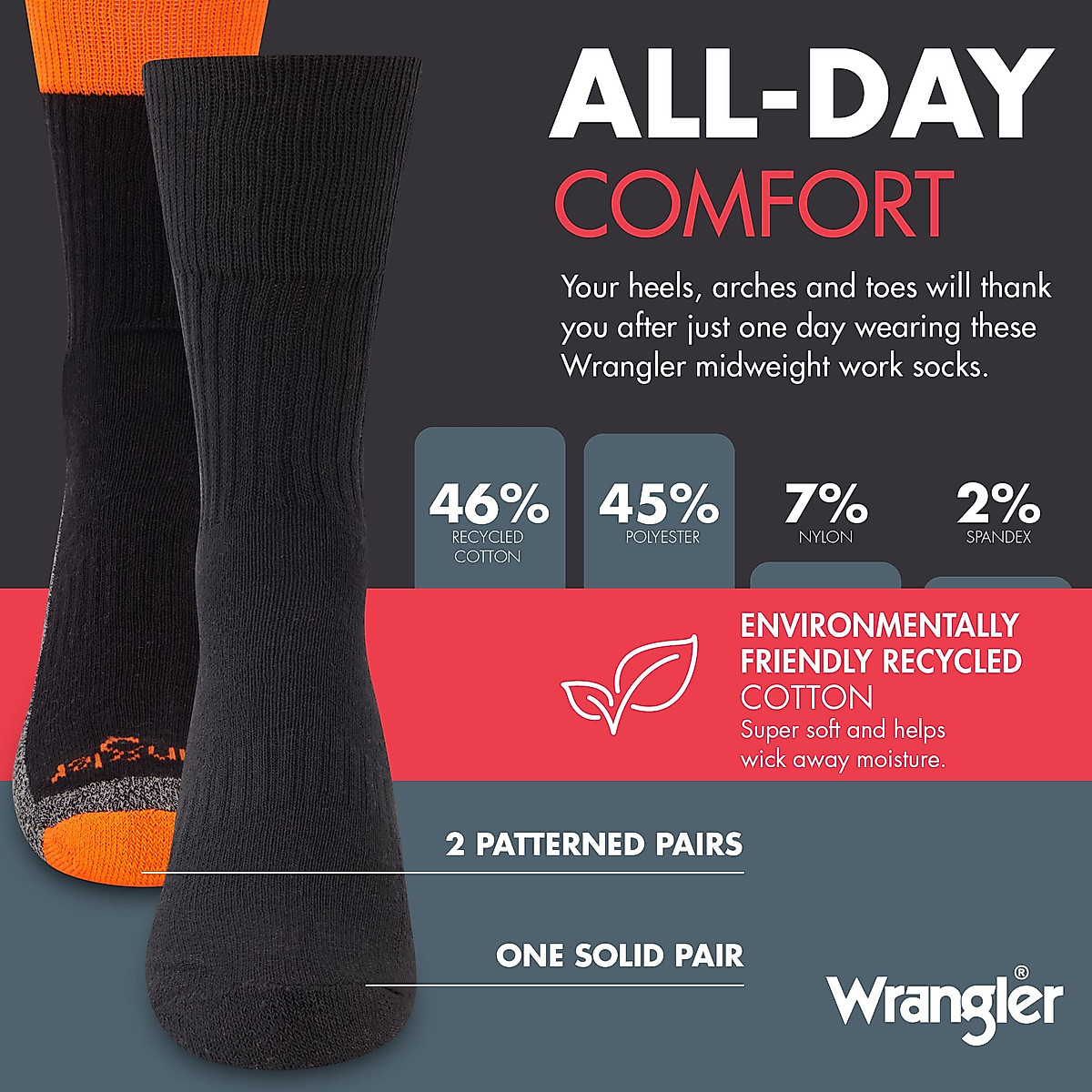 Wrangler Socks for Work - Hi-Vis Mens Socks - Crew Boot Socks for Men Size 6-12 (Black/Orange)
