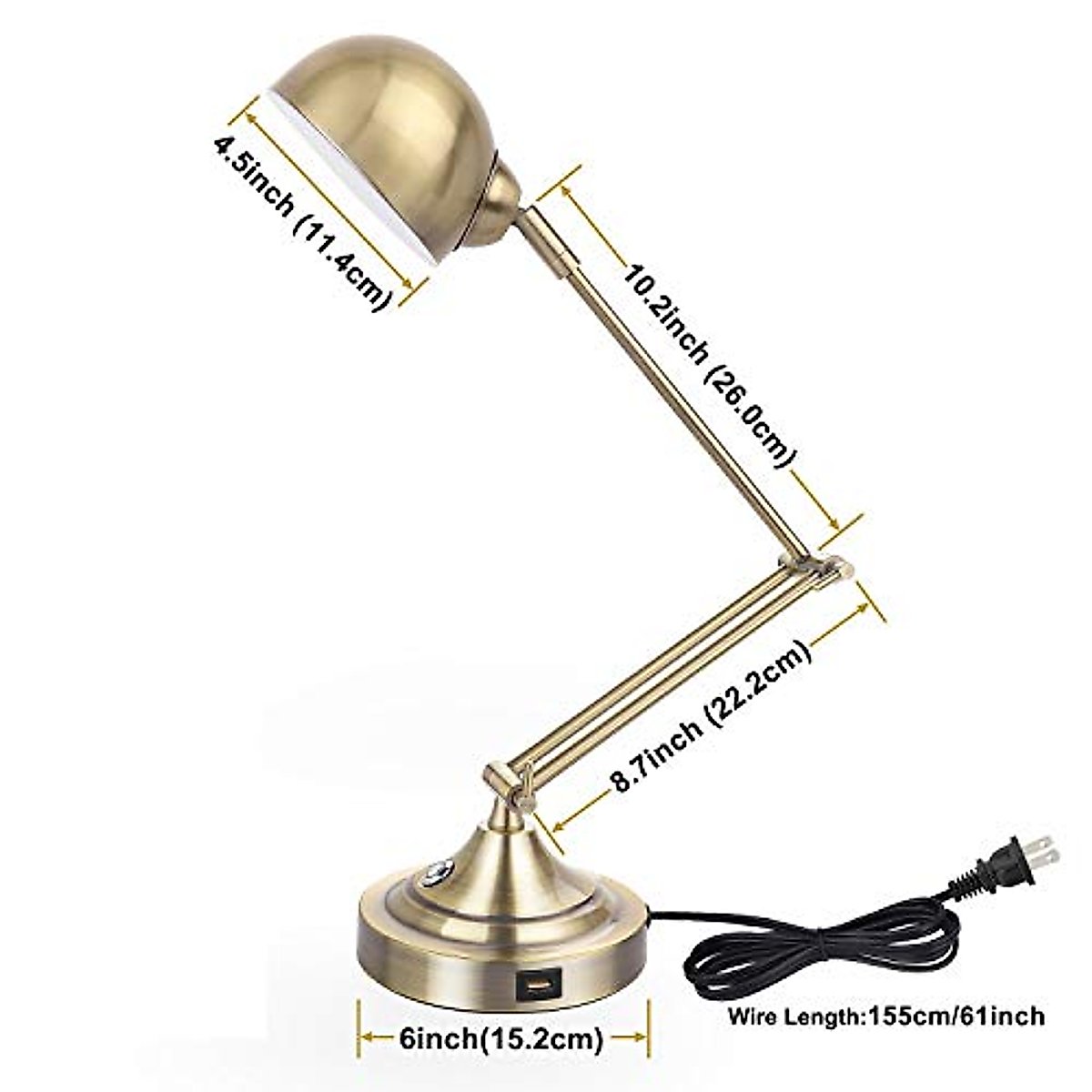 Mlambert 3-Color in 1 LED Desk Lamp with USB Charging Port, Swing Arm, Fully Dimmable, Eye-Caring Task Lamp, Touch Control Brass Metal Architect Drafting Table Lamp for Bedside, Office, Work, Reading