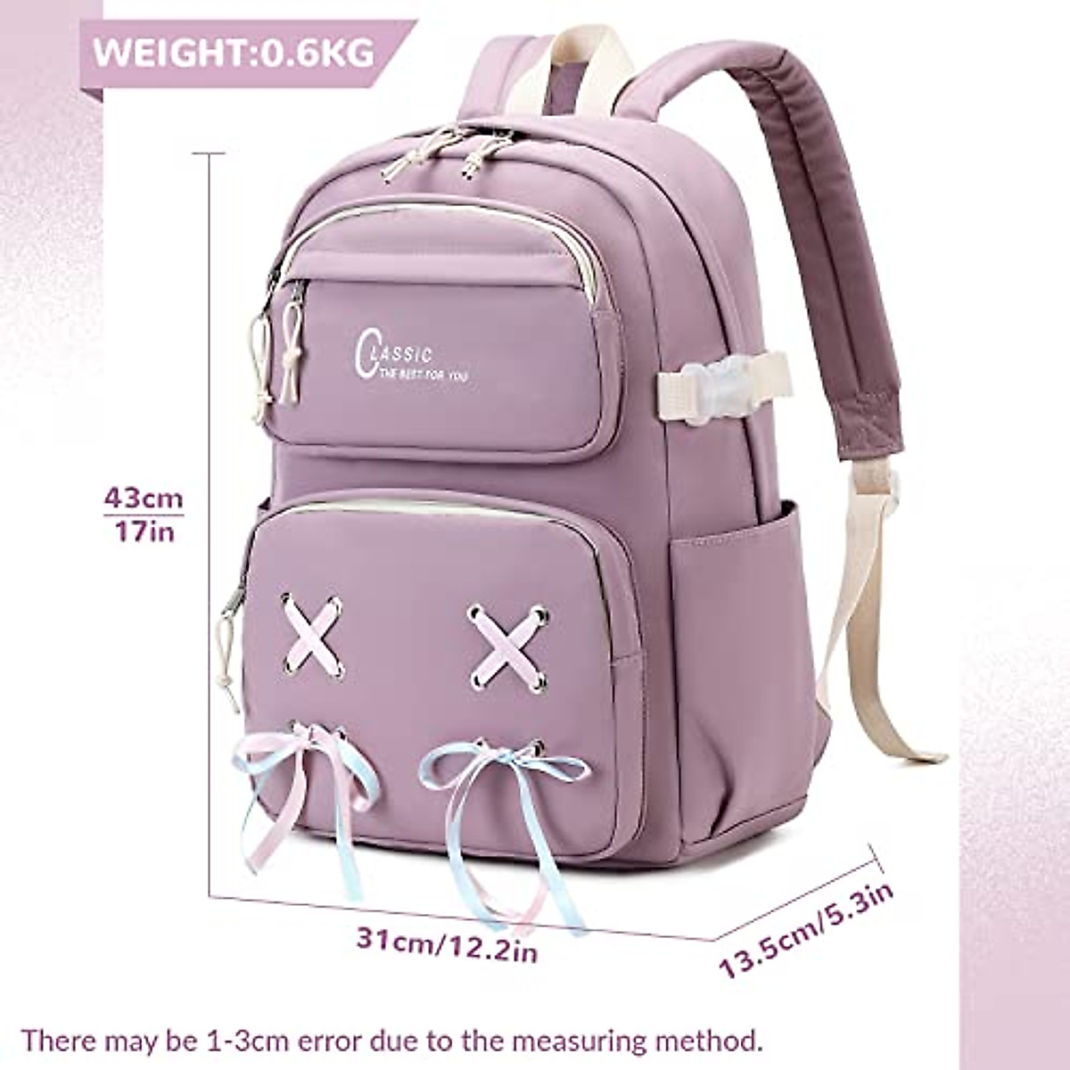 El-fmly Lightweigt School Bookbag Travel Backpack Daypack with Cute Ribbon for Teen Girls Students (Purple)