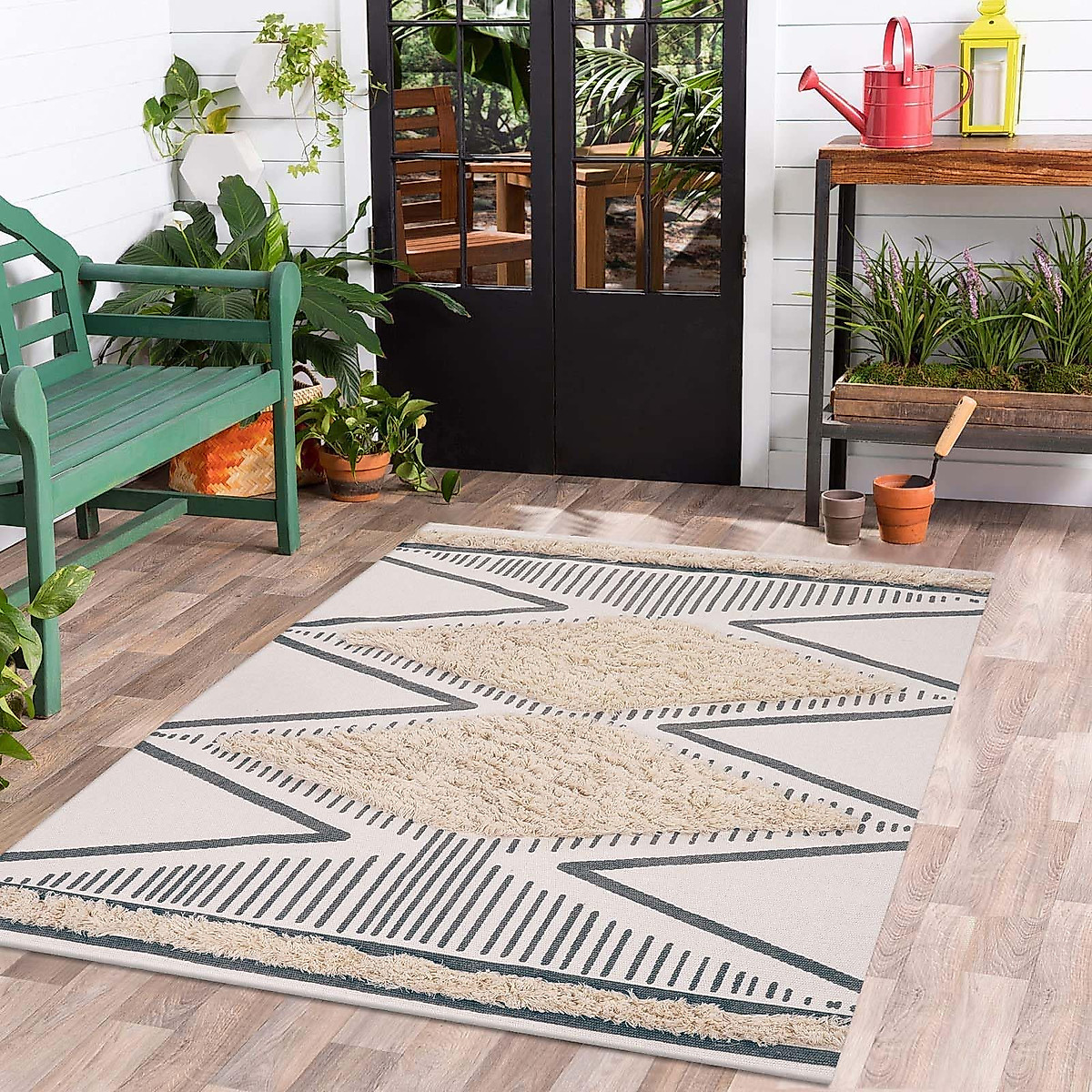 LEEVAN Boho Area Rug 3'x5', Farmhouse Tufted Rugs for Living Room, Modern Hand-Woven Tribal Small Bedroom Rugs, Wasnable Geometric Cream Carpet for Playroom/Kids/Classroom/Nursery