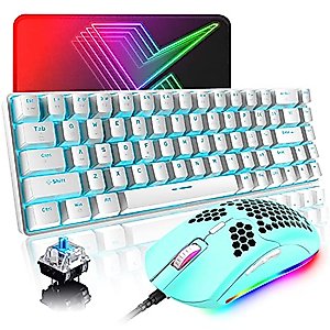 60% Mechanical Gaming Keyboard and Mouse Combo with Mini Ergonomic Anti-ghosting 68Key Multi Backlight 6400DPI Green Honeycomb Mice Type-C Wired for PC Mac Gamer Office Typist(White Blue/Blue Switch)