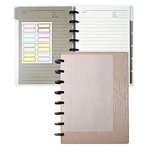 Discbound Notebook Customizable Spiral Journal Refillable 5 Subject Notebook with Removable Pages 120 Wide Ruled Disc Planner with 6 Binder Dividers & 16 Tabs for Work Meeting School, Rose Gold