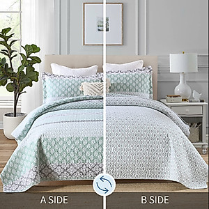 KALOOLA Sage Green King Size Quilt, 100% Cotton Soft Lightweight Quilted Bedding Set, Farmhouse Reversible Bedspread with 2 Pillowshams, Printed Floral Coverlet for All Season, 3 Pieces