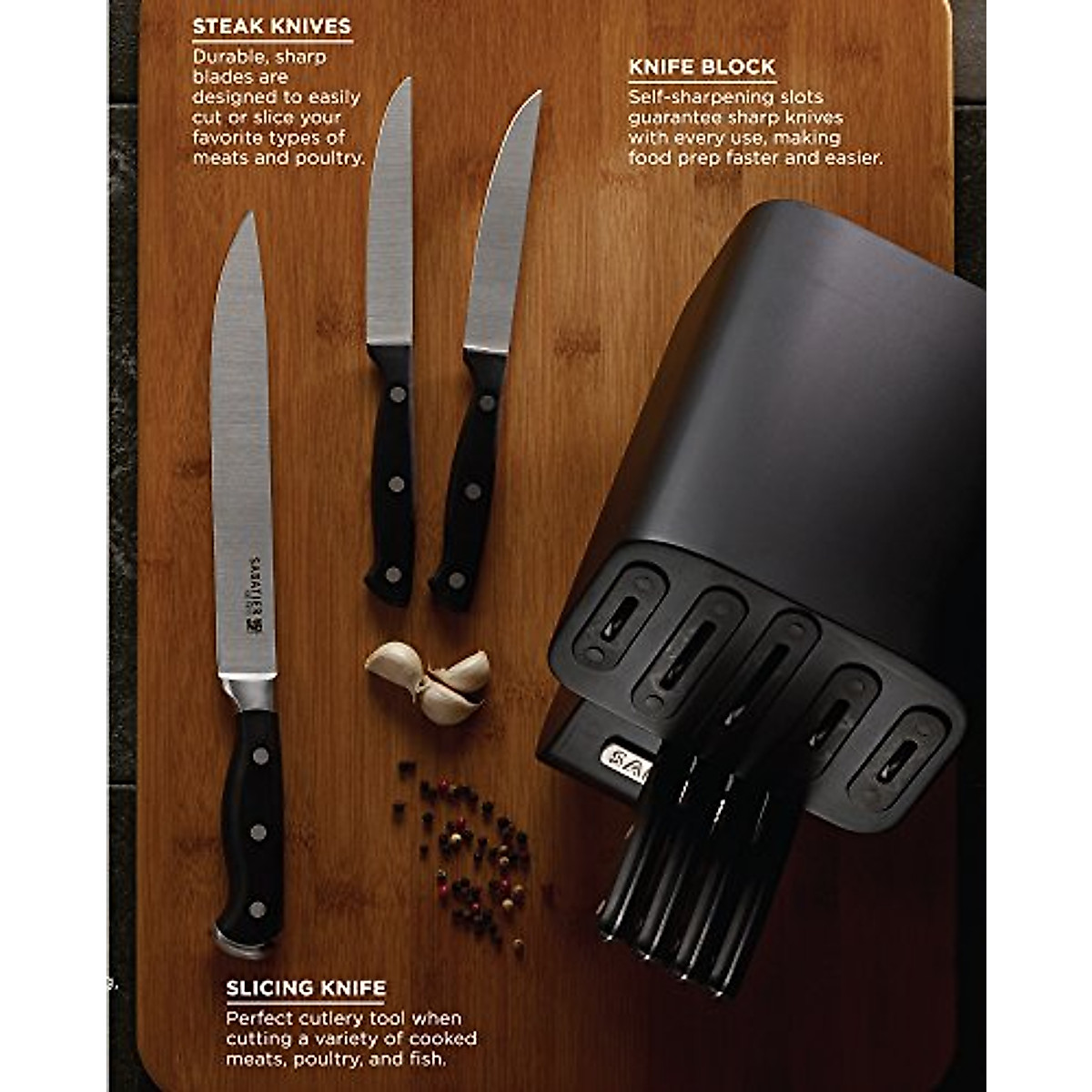 Sabatier Self-Sharpening 12-piece Forged Triple Rivet Knife Block Set with Edgekeeper Technology, High-Carbon Stainless Steel Kitchen Knives, Razor-Sharp Knife Set with Wood Block, Black