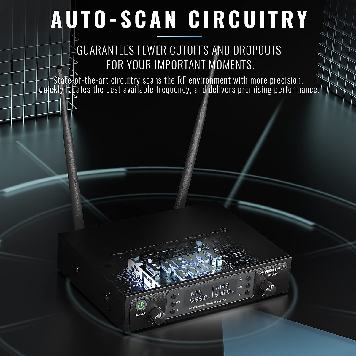 Phenyx Pro Wireless Microphone System Dual Wireless Mics,w/ 2 Handheld Dynamic Microphones, 2x100 Adjustable UHF Channels, Auto Scan,328ft Range,Microphone for Singing, Karaoke, Church(PTU-71-2H)