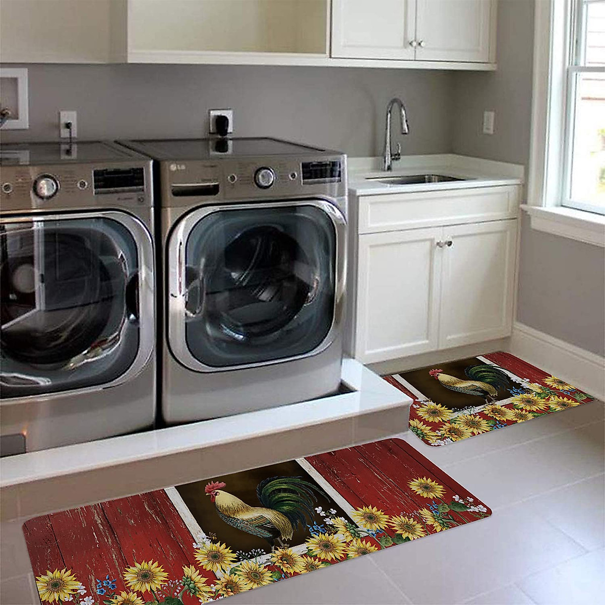 Farmhouse Rooster Kitchen Mats and Rugs Set of 2, Washable Absorbent Chicken Sunflower Kitchen Runner Rug Carpet Anti-Fatigue Comfort Mat for Kitchen Bathroom Laundry