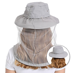 Mosquito Head Net Hat - Bug Cap UPF 50+ Sun Protection with Hidden Netting for Beekeeping Hiking Men & Women Light Grey