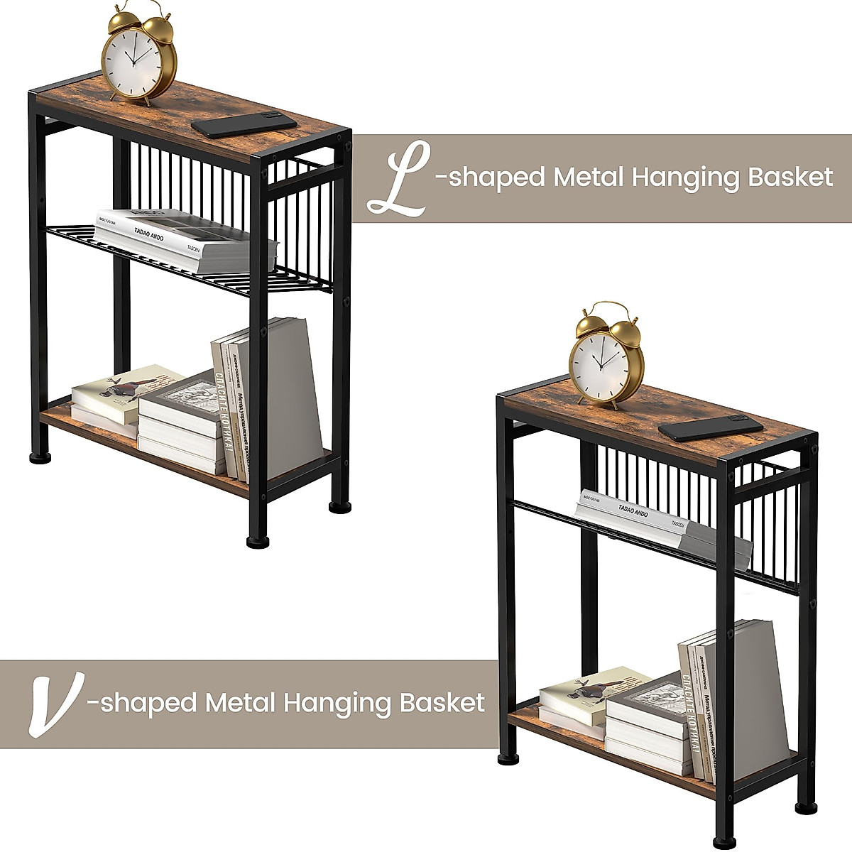 Small Side Table Set of 2 for Small Space, 3-Tier Narrow End Table with Magazine Holder, Slim Nightstand, Skinny Snack Couch Table in Living Room, Bedroom and Balcony (Rustic Brown &Black)