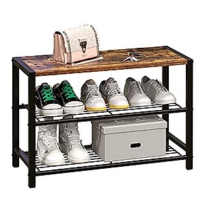 Yusong Shoe Rack, 3 Tier Shoe Organizer Storage for Closet Entryway, Narrow Slim Metal Shoe Shelves with Industrial Wooden Top, Rustic Brown and Black