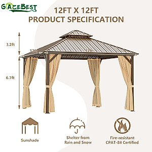 GAZEBEST 12x12 ft Hardtop Gazebo Outdoor Aluminum Patio Gazebo Double Roof Galvanized Steel Canopy with Netting and Curtains for Garden, Backyard,Deck and Lawns