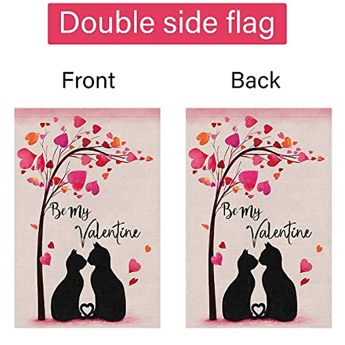 Happy Valentine's Day Garden Flag 12x18 Double Sided Vertical, Burlap Small Be My Valentines Black Cat Couple Heart Yard Flag Banner Sign for Wedding Valentines House Outdoor Decoration (ONLY FLAG)