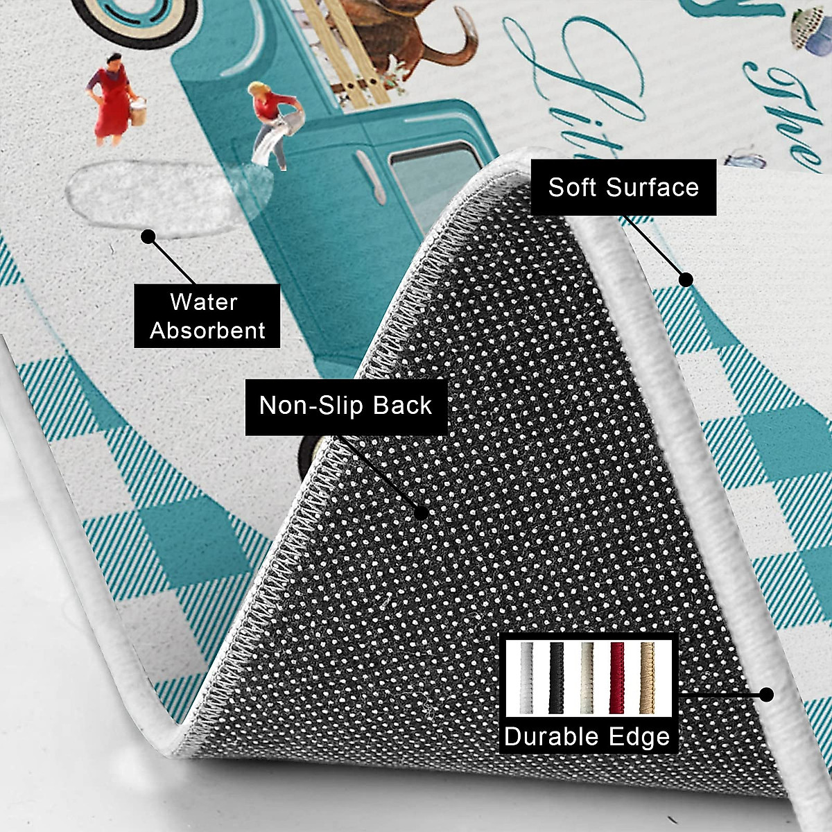 2 Pieces Kitchen Mats Floor Area Rug Set Farmhouse Teal Truck Cute Dog Non-Slip Doormat, Indoor Water Absorbent Standing Runner Rugs for Home Decor Spring Flower Butterfly Aqua Plaid