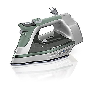Hamilton Beach Steam Iron & Vertical Steamer for Clothes with Scratch-Resistant Durathon Soleplate, Digital Fabric Selector + 8’ Retractable Cord, 3-Way Auto Shutoff, Anti-Drip, 1800 Watts, Green