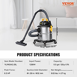 VEVOR Stainless Steel Wet Dry Shop Vacuum, 5.5 Gallon 6 Peak HP Wet/Dry Vac, Powerful Suction with Blower Function w/Attachment 2-in-1 Crevice Nozzle, Small Vac Perfect for Carpet Debris, Pet Hair