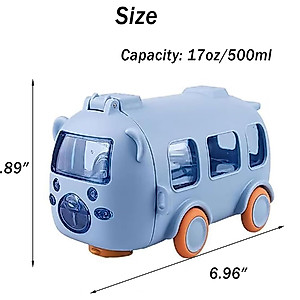 Portable Water Cup in Bus Shape with Strap, 16.9Oz Leak Proof Bus Shaped Water Cup Bottle, Portable Cute Bounce Flip Top Straw Drinking Bottle, Detachable Fun Cars Jug Toy for Camping (blue)