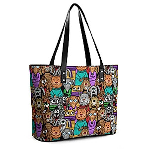 Womens Handbag Cats And Dogs Animal Leather Tote Bag Top Handle Satchel Bags For Lady