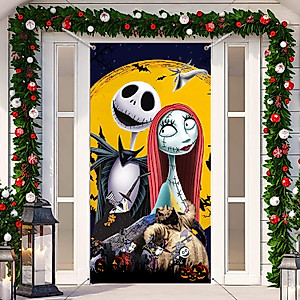 Christmas Decorations Door Cover Banner Jack Skelington Christmas Door Decorations Movie Theme Indoor Outside Door Hanging Backdrop for Welcome Front Door Halloween Decor