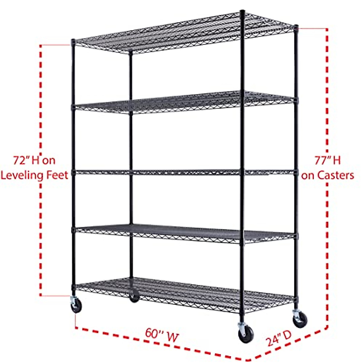 60" x 24" x 72" Black 5-Tier Wire Shelving NSF 3000 LBS Max Capacity Heavy Duty Steel Storage Rack for Restaurant, Warehouse, Commercial, Industrial, and Hospital Uses (Includes Casters)