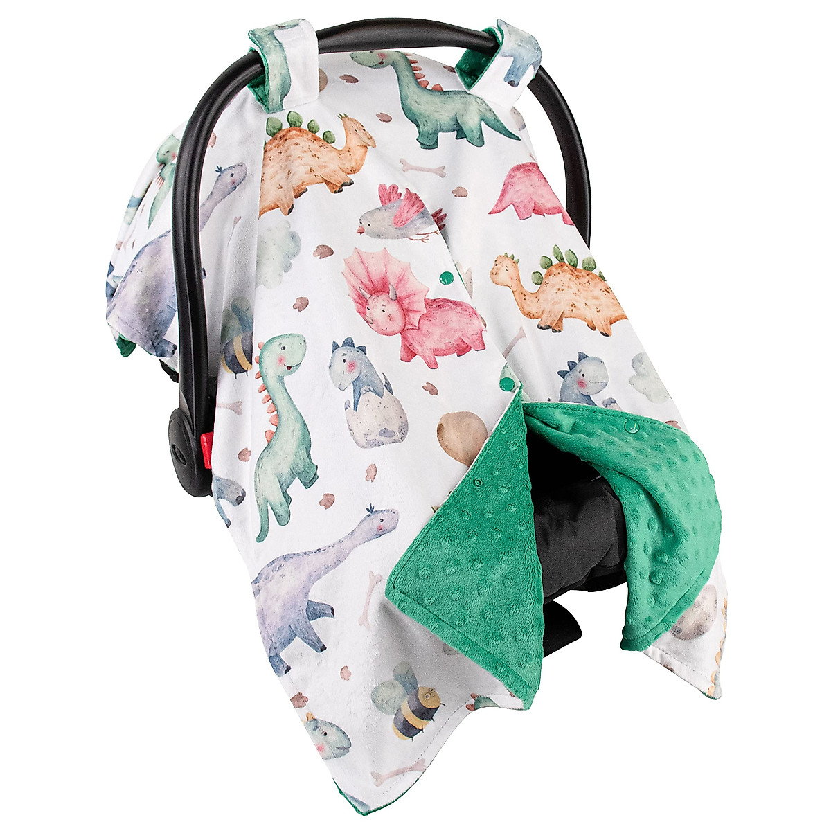 Top Tots Deluxe Minky Baby Car Seat Cover - Baby Dinosaur, 40 x 29 Inch Green