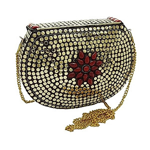 Trend Overseas Multicolor Acrylic Stone Golden metal Bead Clutch Girls Bridal Bag for women/Girl party clutch, Acrylic Red