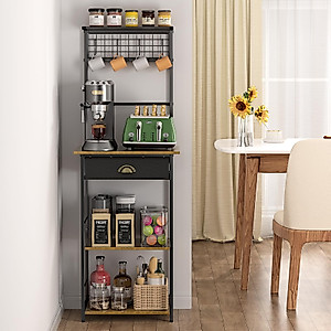 5 Tier Coffee Bar Station with Drawer, Coffee Stand with 4 S-Shaped Hooks, Farmhouse Corner Coffee Bar Cabinet for Small Spaces, Bakers Rack for Kitchen, Living Room, 13.43"D x 18.93"W x 53.31"H
