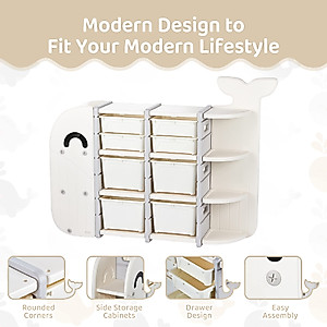 DUKE BABY Kids Large 4 Layer Toy Storage Organizer with 8 Pull-out Storage Bins, Display Bookshelves, Multipurpose Toy Cabinets for Kids Playrooms Bedrooms Age 1-12, Whale Collection White Grey