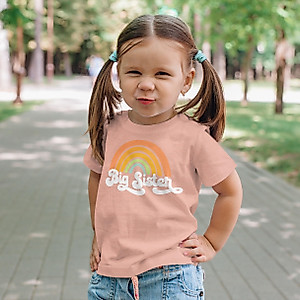 Retro Rainbow Big Sister Sibling Reveal Announcement Shirt for Baby and Toddler Girls Sibling Outfits White on Peach Shirt 3T